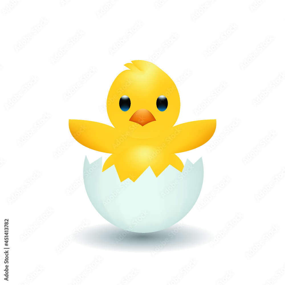 Funny yellow newborn chicken in broken egg shell, cute emoji character ...