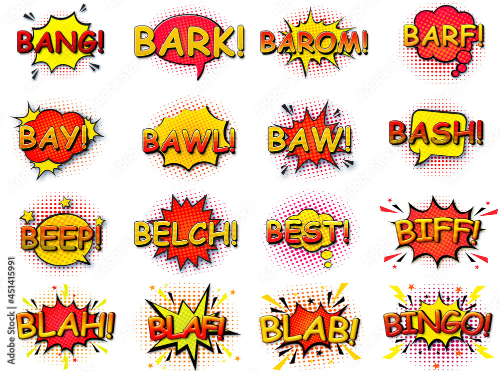Comic speech bubbles set with different emotions and text bang, bark ...
