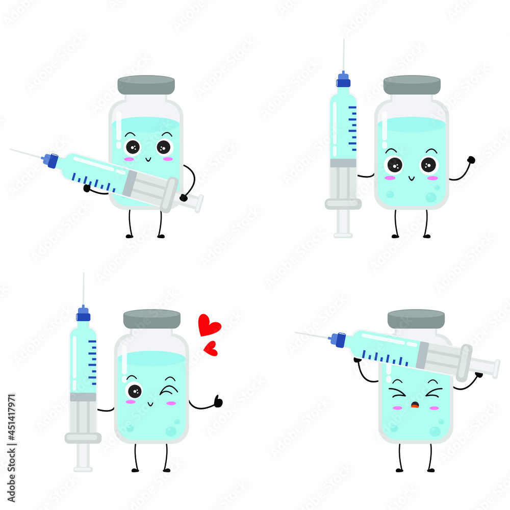 Cute vector of vaccine bottle character. Vaccination fight coronavirus ...