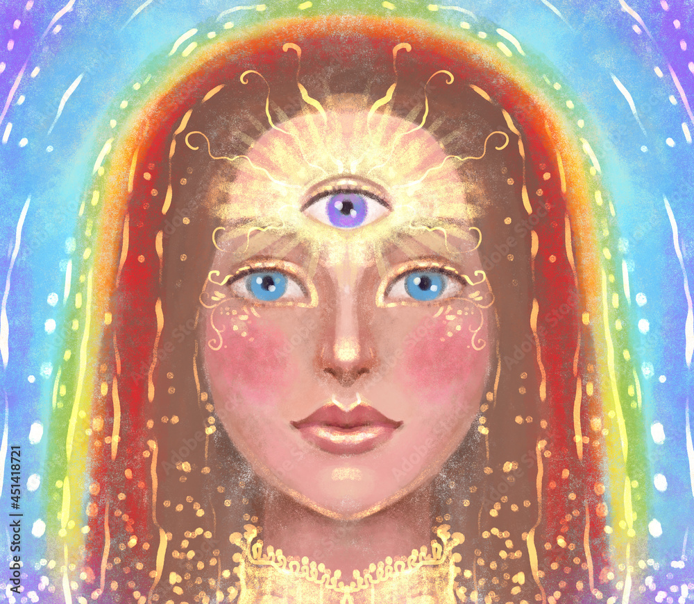 spiritual awakening. Bright portrait of a girl with a third eye in the ...