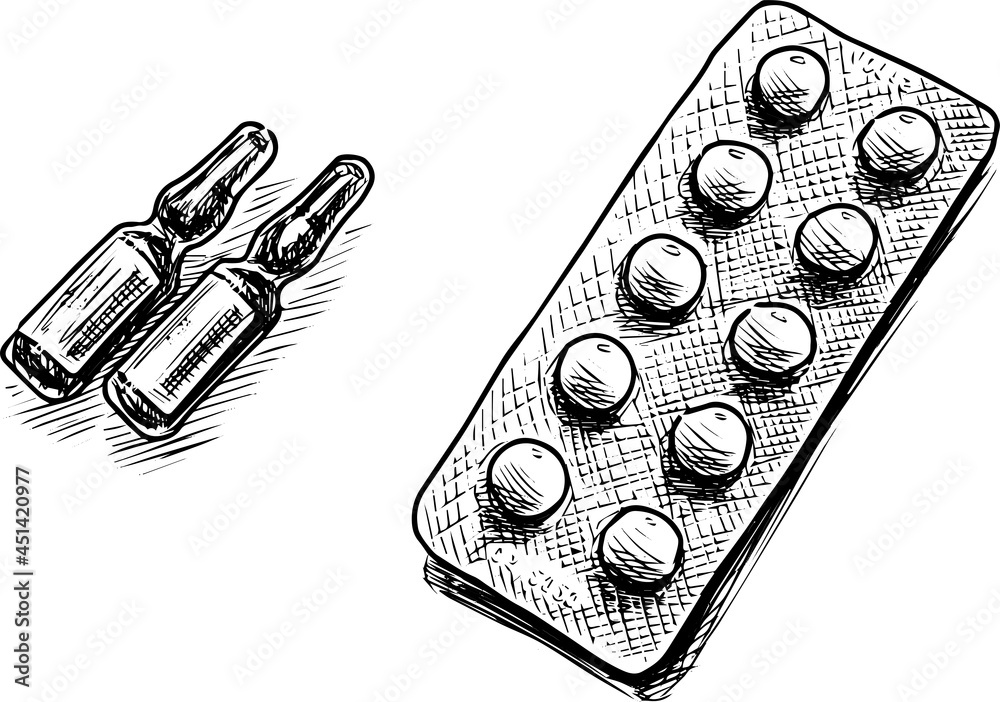 Freehand drawing of medical blister with tablets and ampoules for ...