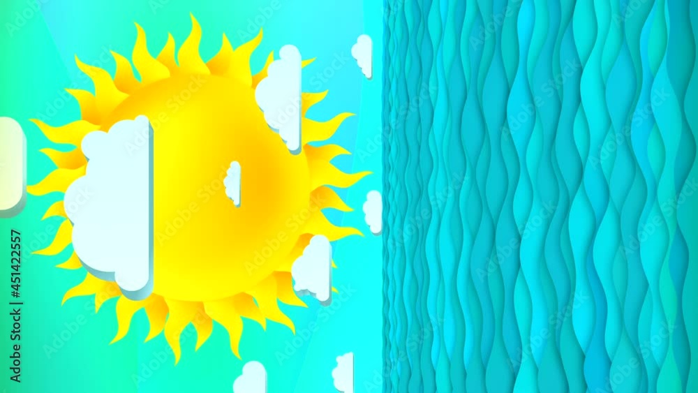 Vidéo Stock Vertical 9:16 cartoon sun and moving clouds and on simple landscape with sea waves ...