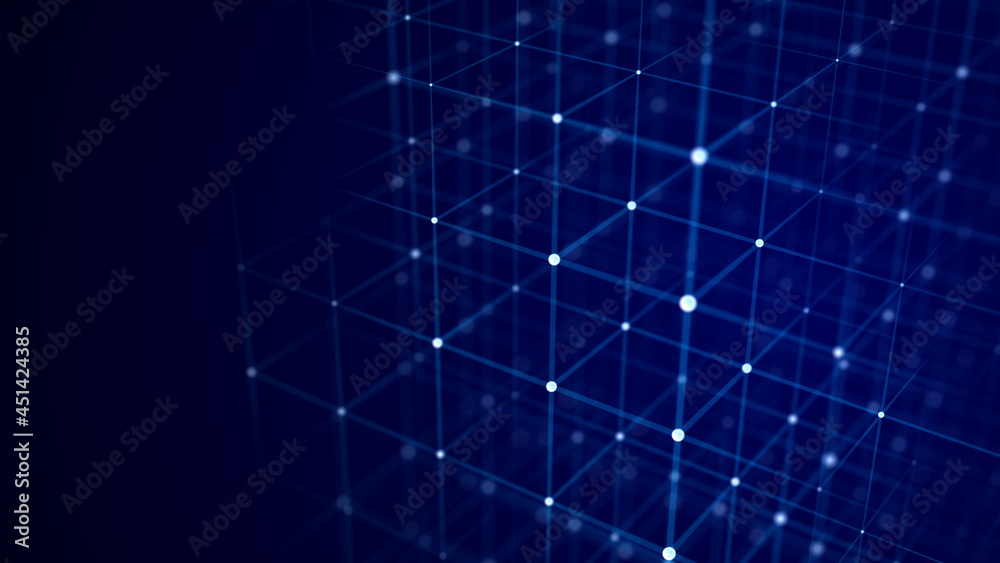 Abstract wireframe cube. Digital blockchain concept. Futuristic blue ...