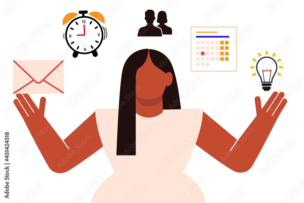 Lady boss, business owner, manager multitasking. Concept on time ...