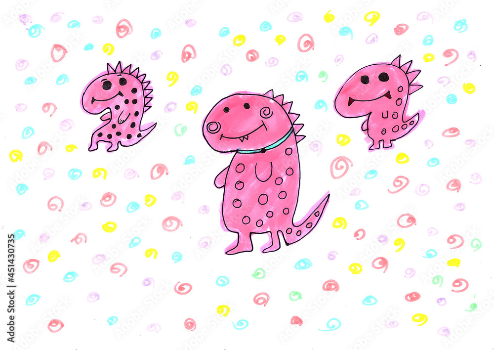 Hand drawing of Dinosaurus cartoon character,paint with pink color ...