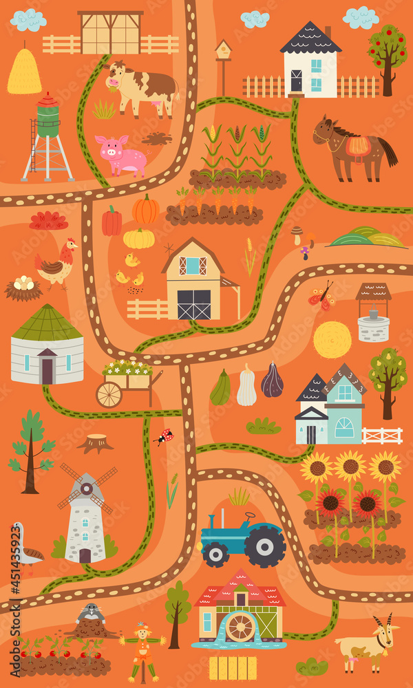 Autumn vertical rustic farm map. Map constructor village, farm animals ...
