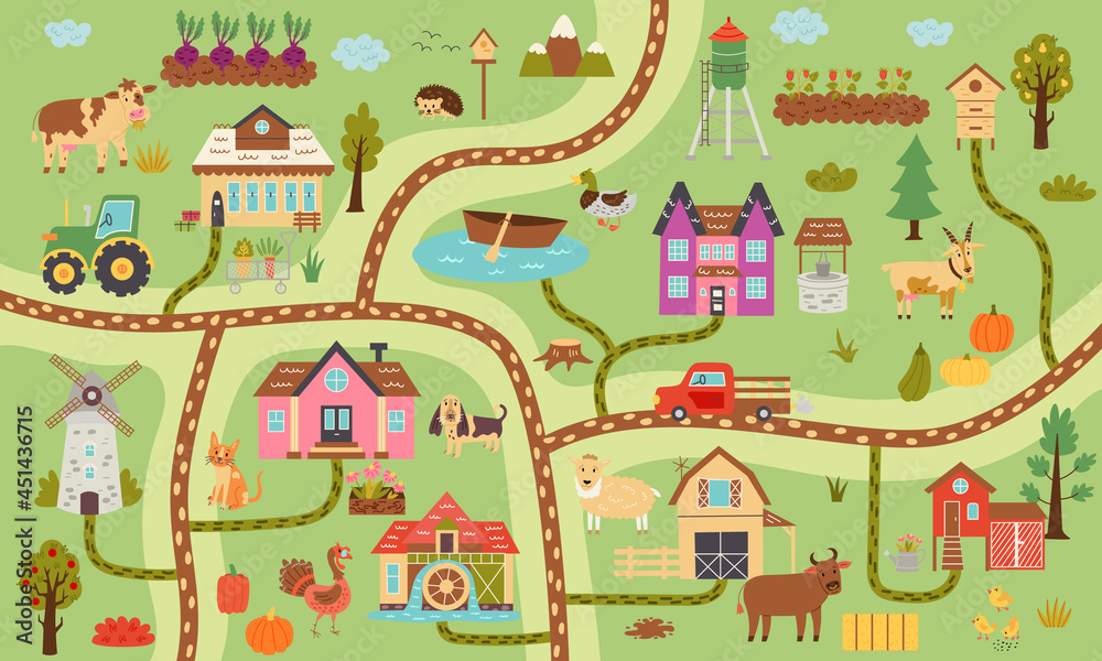 Summer horizontal rustic farm map. Map constructor village, farm ...