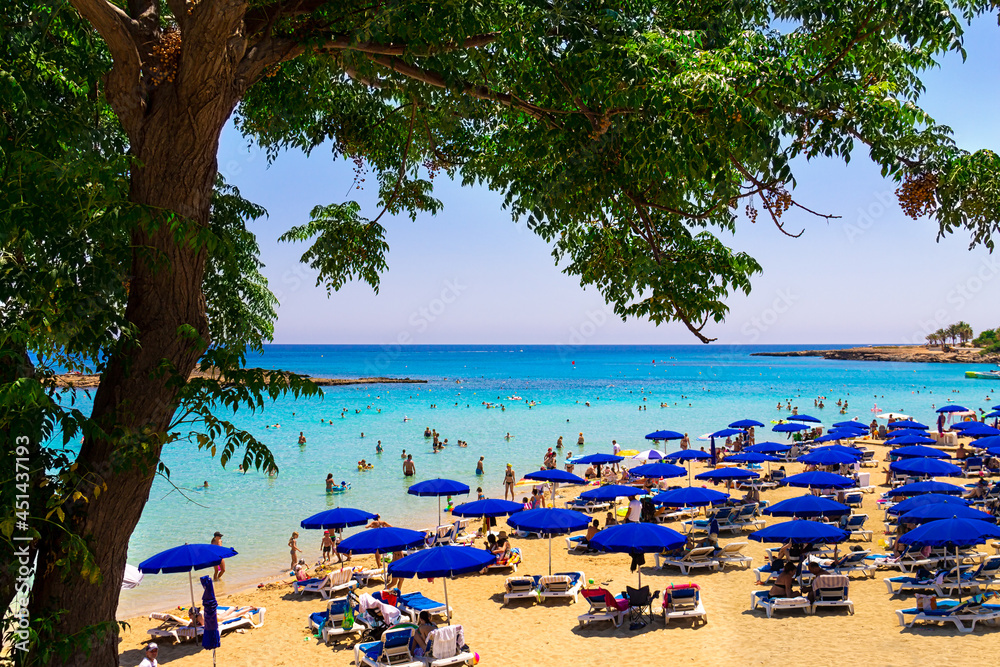 Cyprus, Protaras -24 June 2021. Tourists relax on the sandy beach of ...