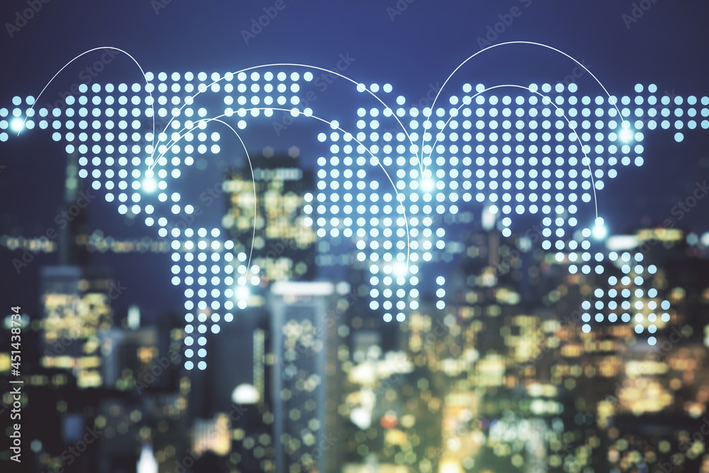 Abstract virtual world map with connections on blurry skyline ...