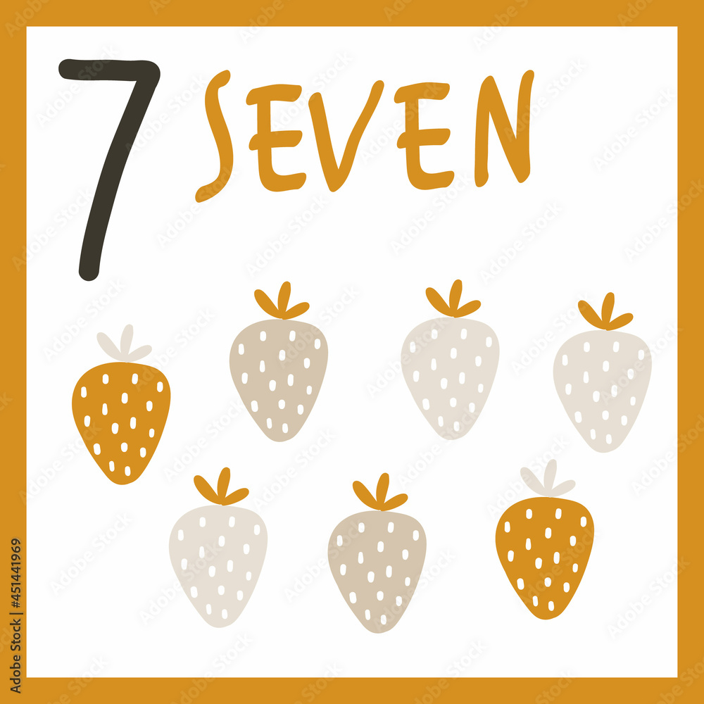 Number seven. 7. Cute hand drawn strawberry. Vector card for kids with ...