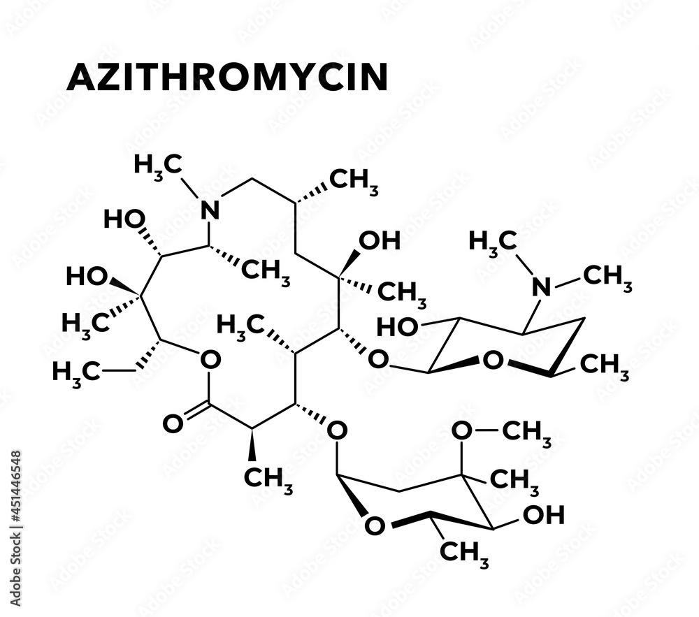 Azithromycin antibiotic structural chemical formula on white background ...