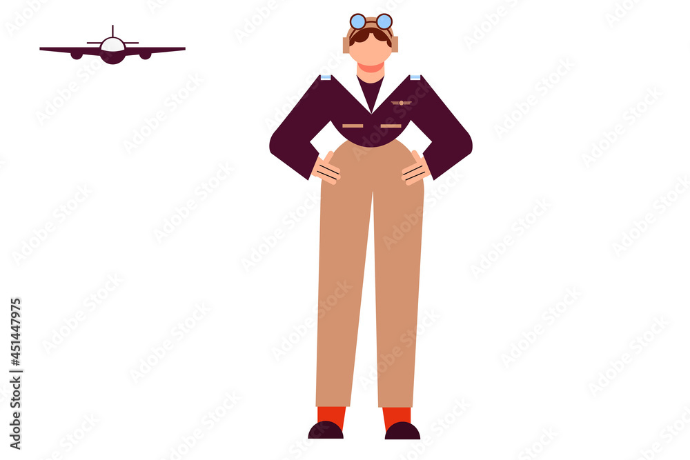 Female pilot, plane, flight. Flat vector illustration on white ...