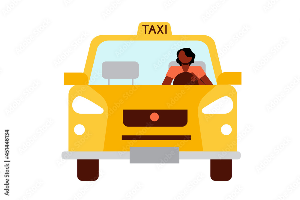 Female taxi driver, black woman driving yellow cab. Flat vector ...