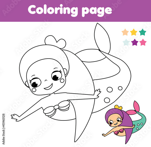 Coloring page with cartoon mermaid. Drawing kids activity. Printable ...