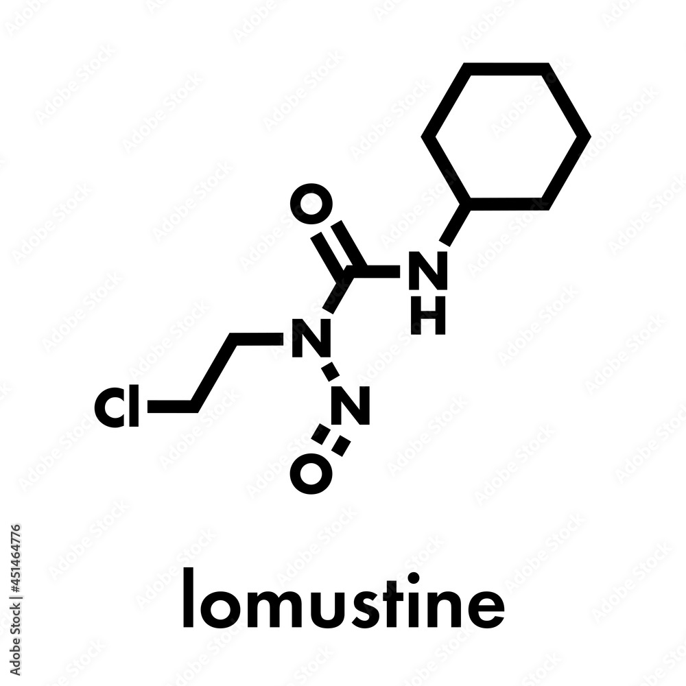Lomustine brain cancer chemotherapy drug molecule. Skeletal formula ...