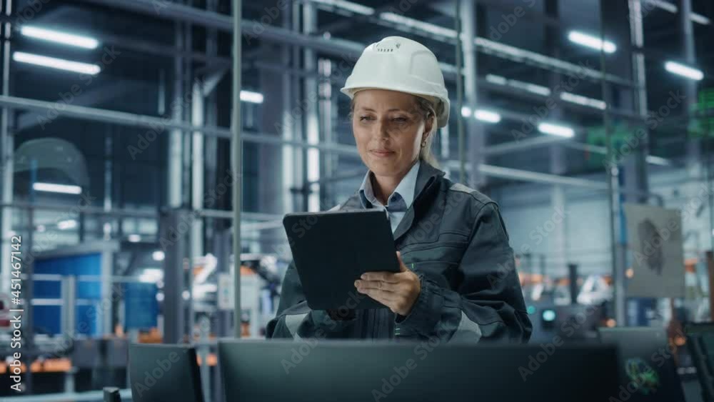 Car Factory Office: Portrait of Female Chief Engineer Wearing Hard Hat ...