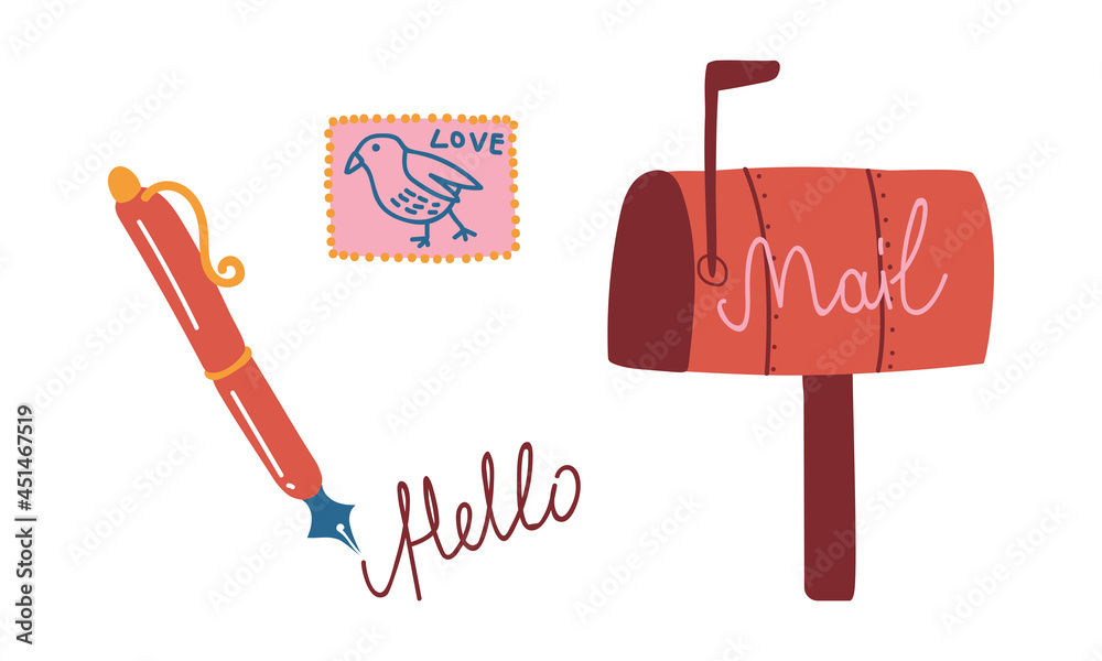 Dip Pen and Mail Box with Postage Stamp as Postal Symbol Vector Set ...