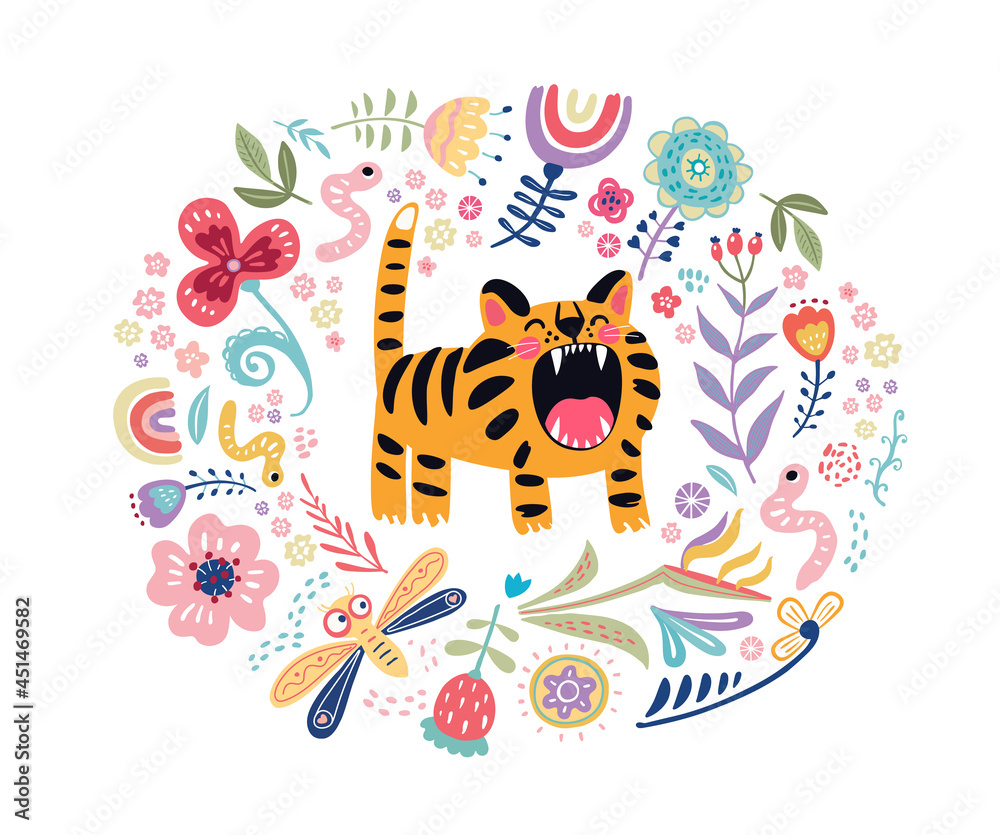 Mad crazy childish roaring tiger screaming with open mouth at rounded ...