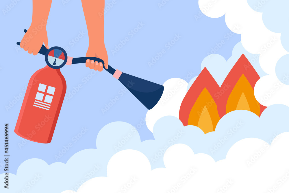 Fireman cartoon character extinguishing fire at home. Hand holding ...