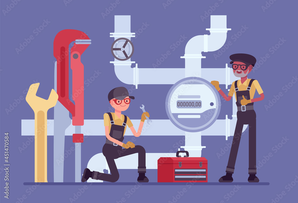 Plumbers or inspector of plumbing service, water counting meter installation. Calibration ...