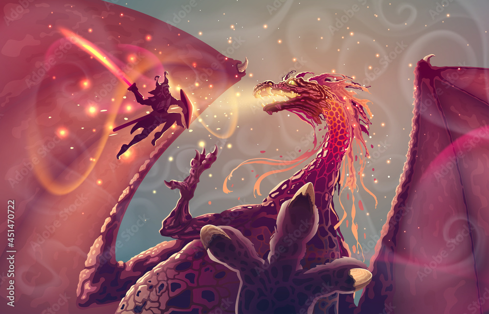 Strong samurai with sword attacks a Japanese dragon in flight, fantasy ...