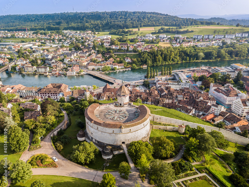 Drone image of Swiss old town Schaffhausen, with the medieval castle ...