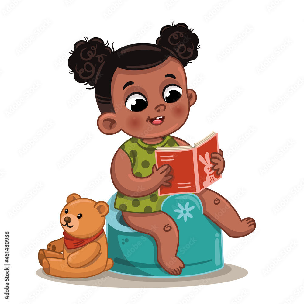 Cute ethnic little girl potty training and reading a book. Vector ...