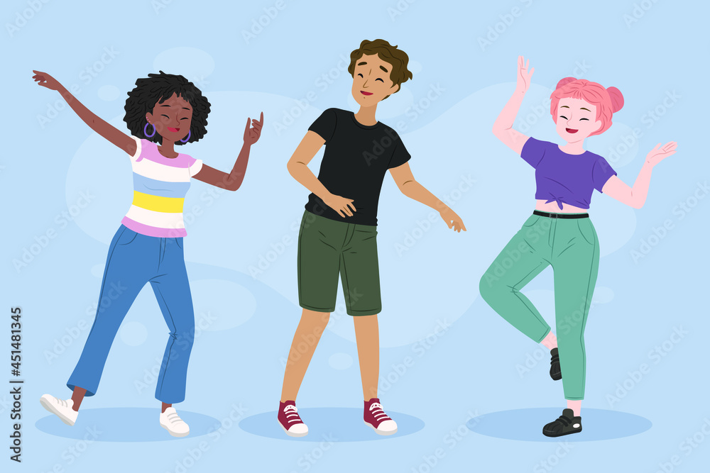 Flat-hand drawn dance people. Human group show activity. Fun character ...