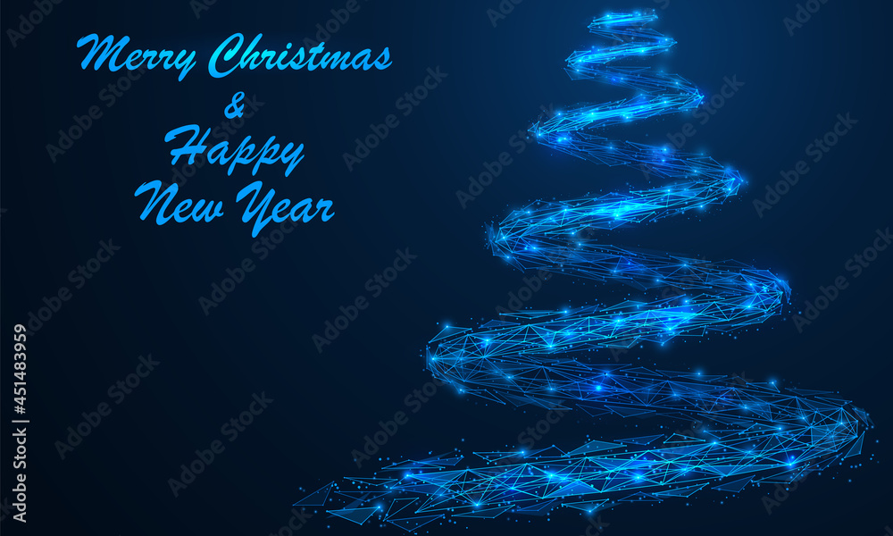 Magical Christmas tree. A polygonal wave of lines and points. Blue ...