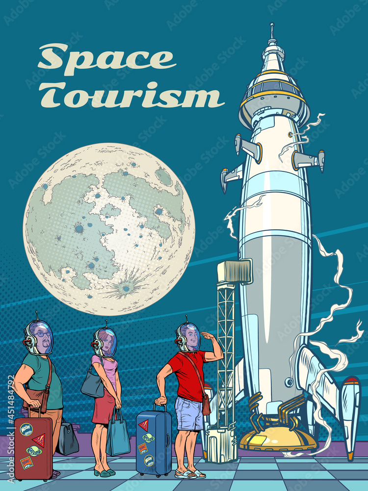 Space tourism. Passengers astronauts are boarding a starship Stock ...