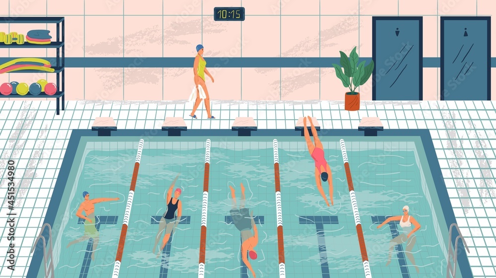 Sport professional swimming pool with lanes. People swim in public ...