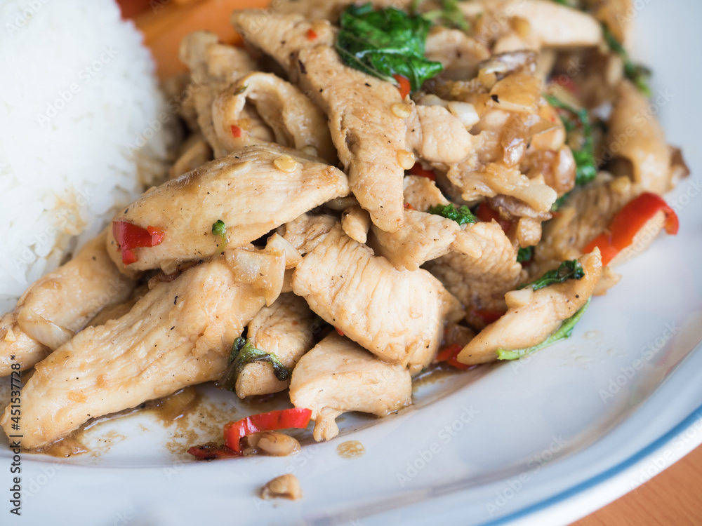 PAD KAPROW - Thai stir-fried chicken with garlic, chili pepper and holy ...