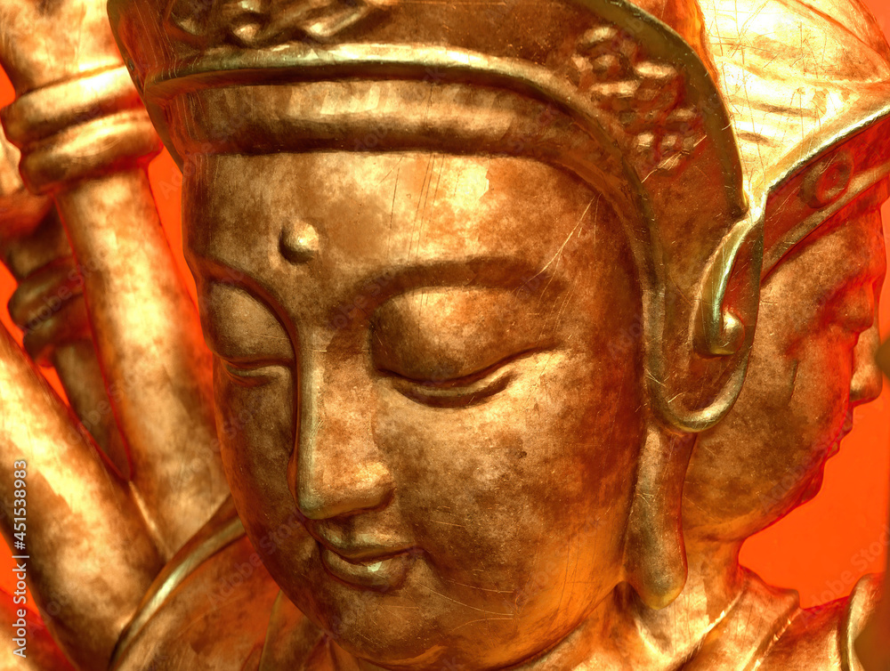 3d rendering of golden Thousand bodhisattva Guanyin in the red buddhist ...