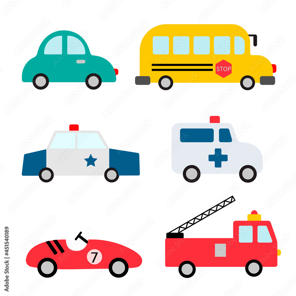 Baby city cars set. Funny transport. Cartoon vector illustration in ...