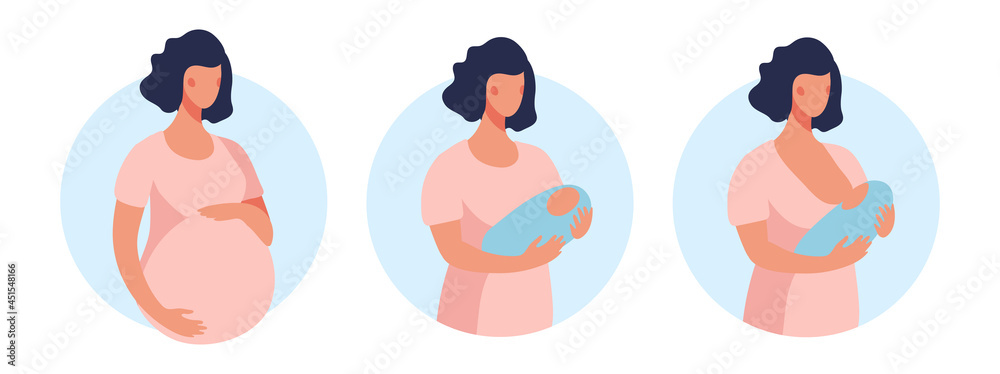 Pregnancy, childbirth and breastfeeding, periods of motherhood. A set ...
