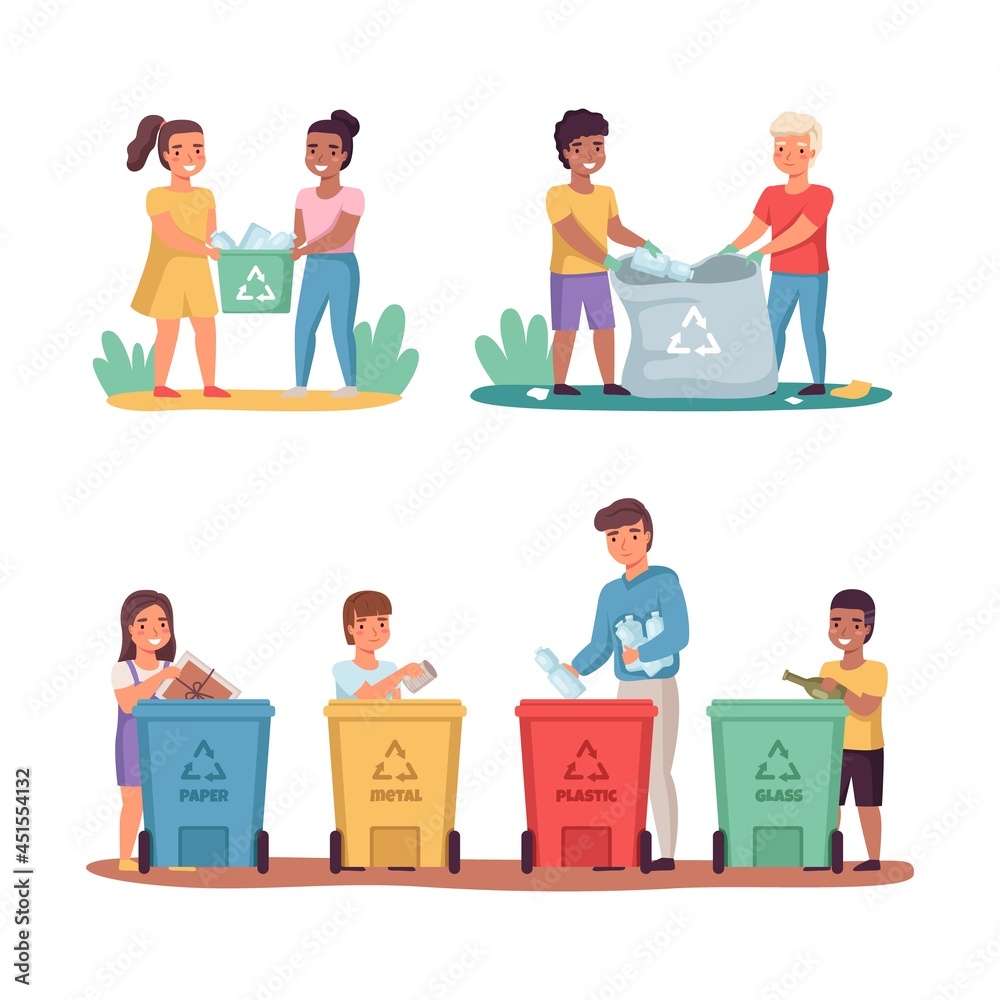 People sort garbage. Clean up trash outdoor, lay out color containers ...