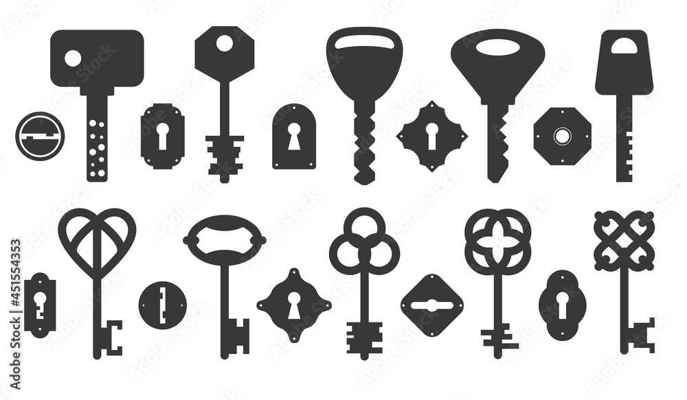 Key and keyhole silhouettes. Hole locks and keys black icons, antique ...