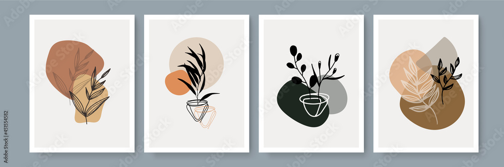 Abstract floral boho poster set. Contemporary backgrounds. Mid century ...