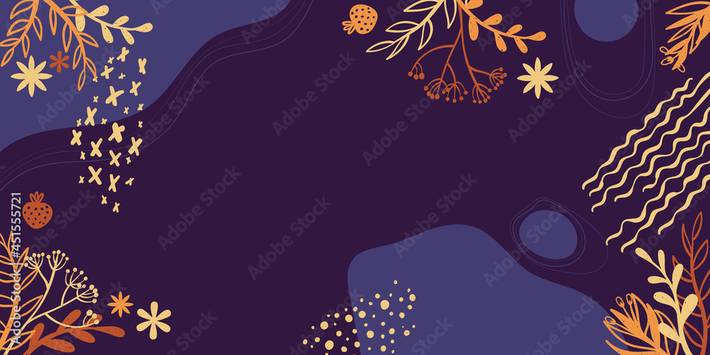 Horizontal background with doodle flower and leaves silhouette and ...