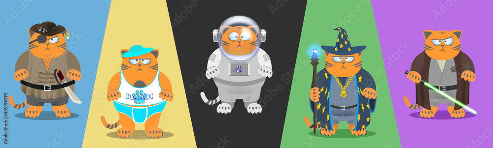 Vector set of fat cartoon red disgruntled cats cosplayers in different ...
