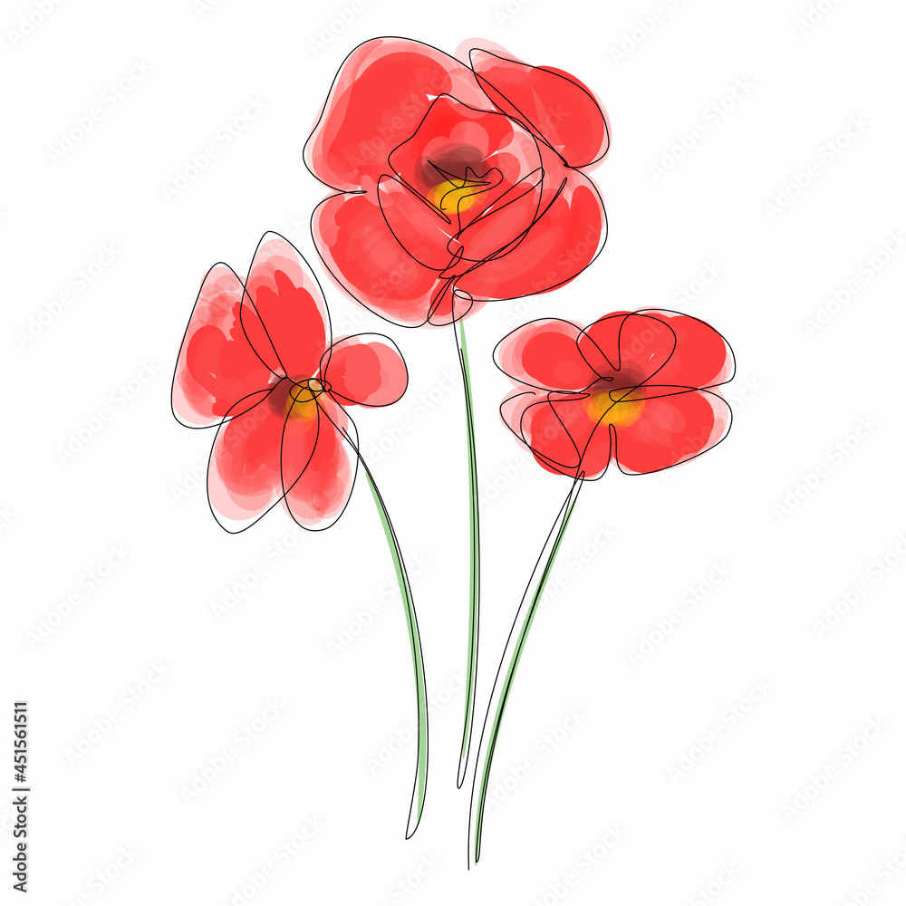 Poppies Flowers in Digital Watercolour and Continuous Line Drawing. Red ...