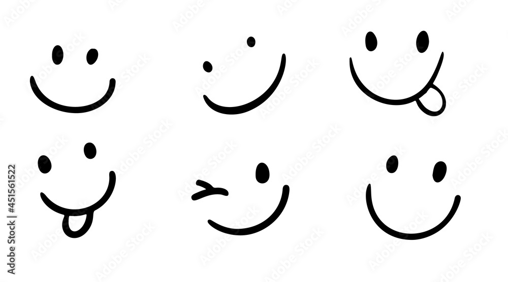 Happy Doodle Smile Collection Isolated on White Background. Simple ...