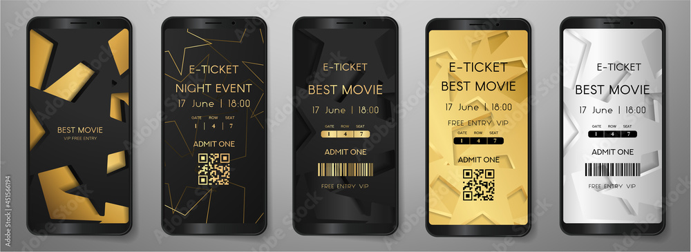 Admission e-ticket template set. Contemporary entrance ticket with star ...