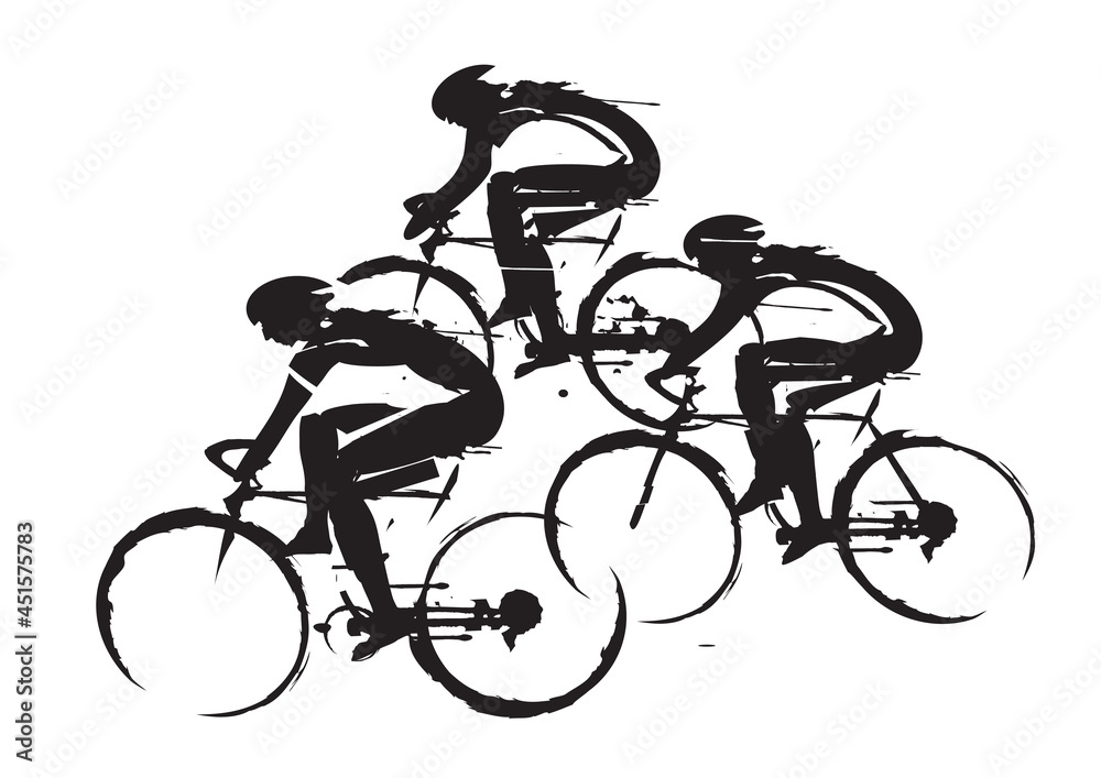 Road cycling racers. Expressive stylized black drawing of road cyclists ...