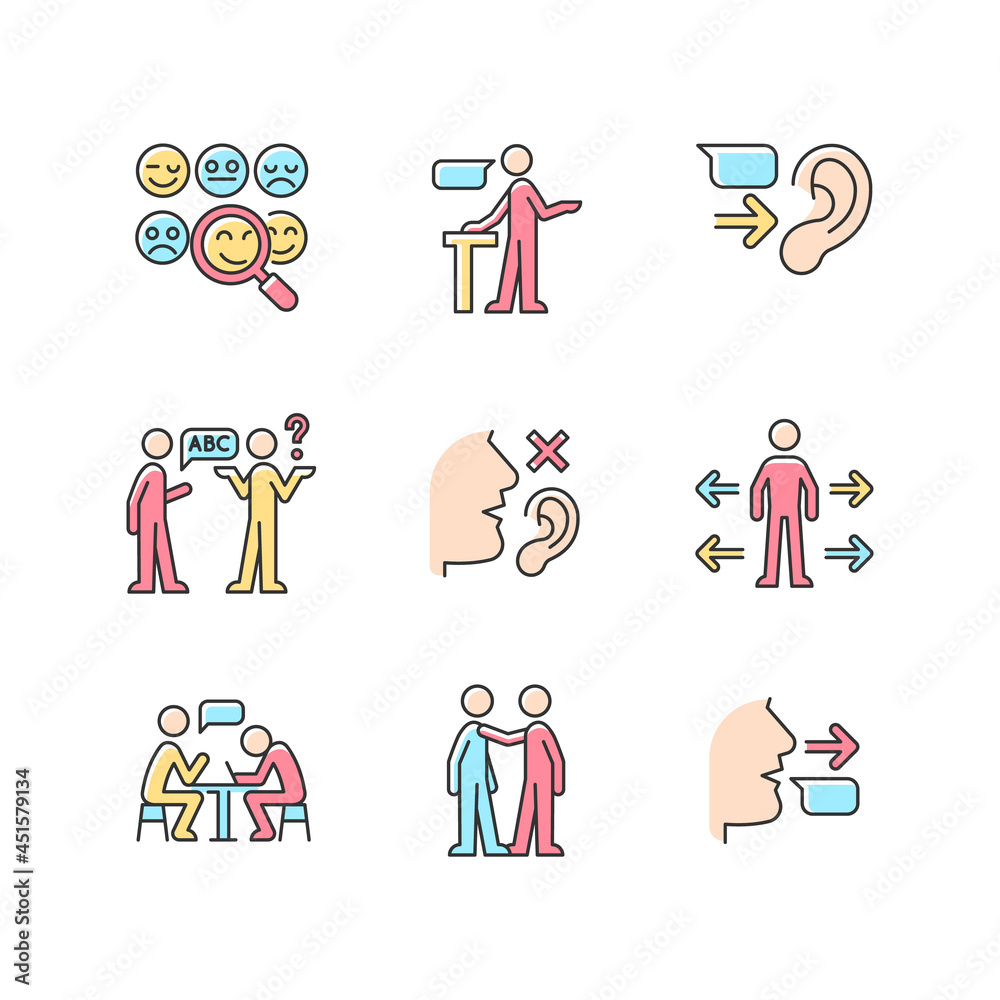 Effective Communication Rgb Color Icons Set Socialization Assertive Speaker Empathy Skill