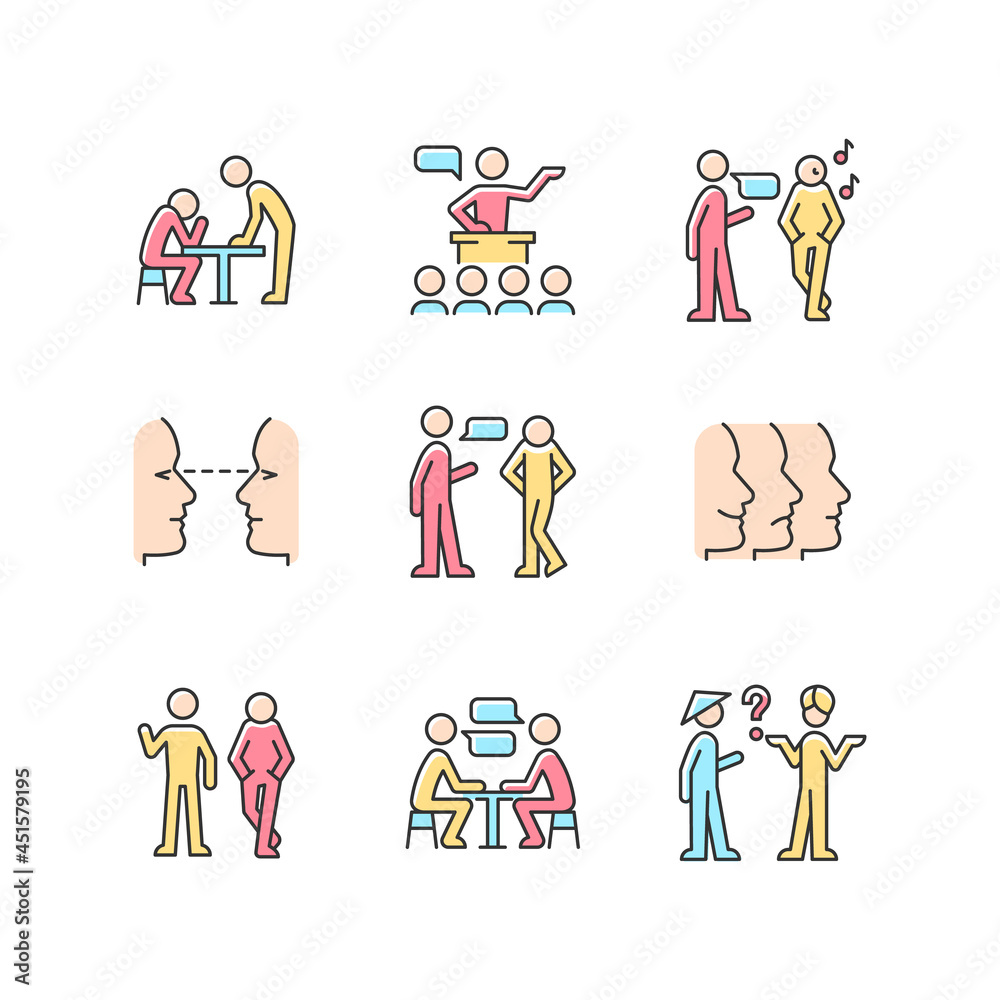 Communication process RGB color icons set. Physical behavior. Public ...