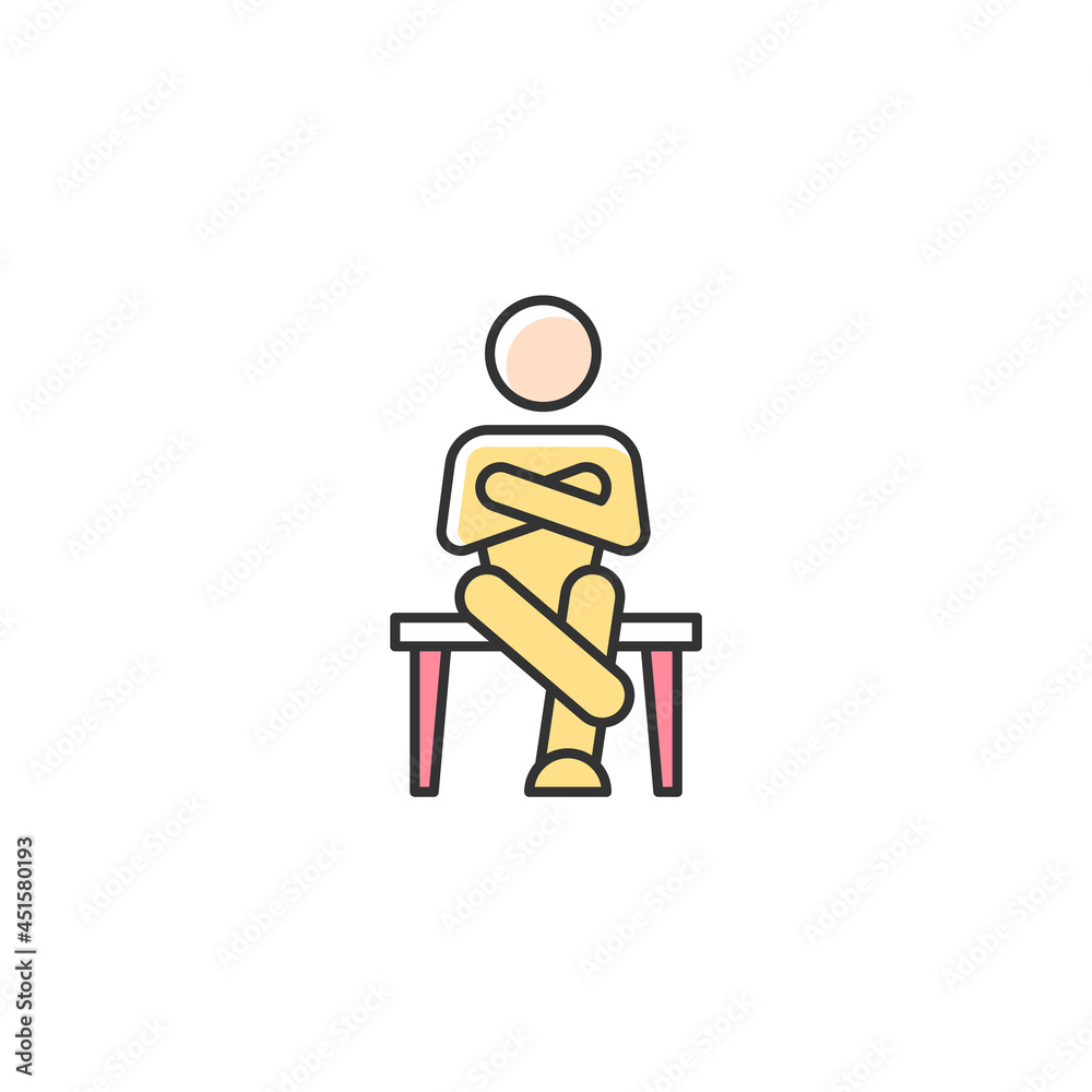 Closed body language RGB color icon. Crossed legs, arms. Showing ...
