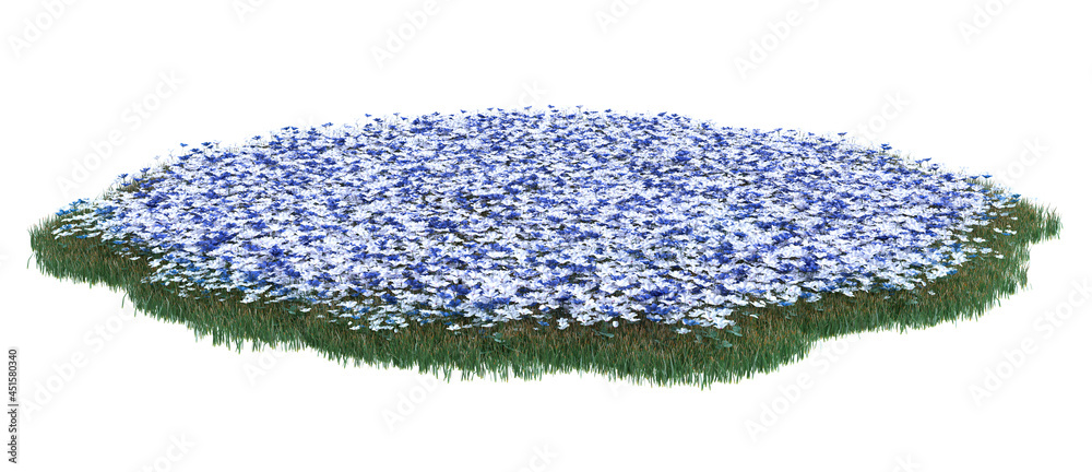 Round surface patch covered with flowers and green grass isolated on ...
