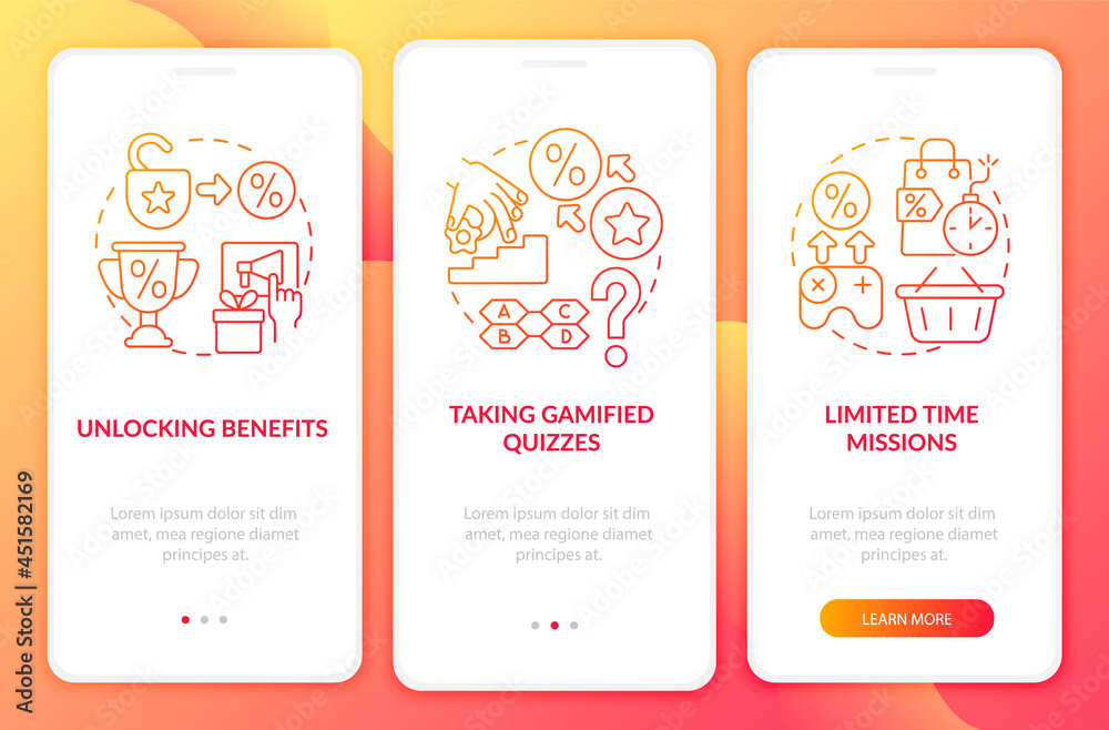 Gamified loyalty programs examples red gradient onboarding mobile app ...