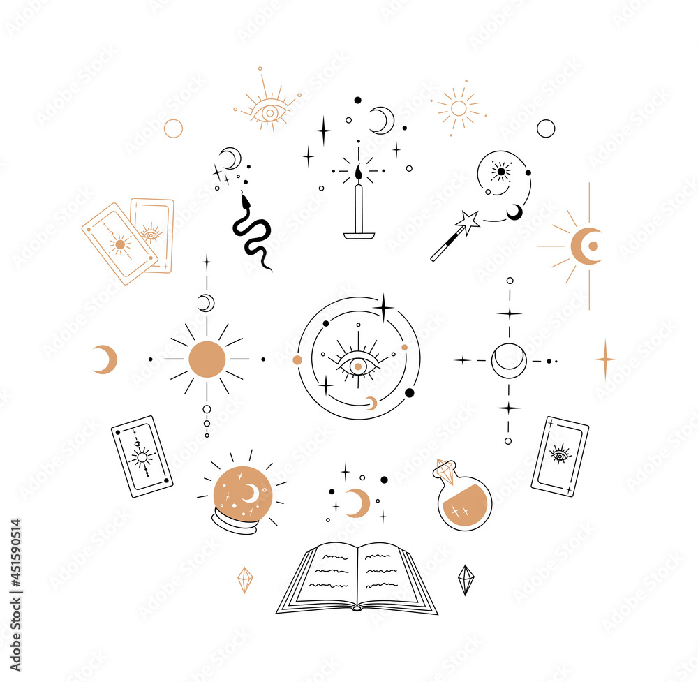 vector set of isolated elements of magic and divination, esoteric ...